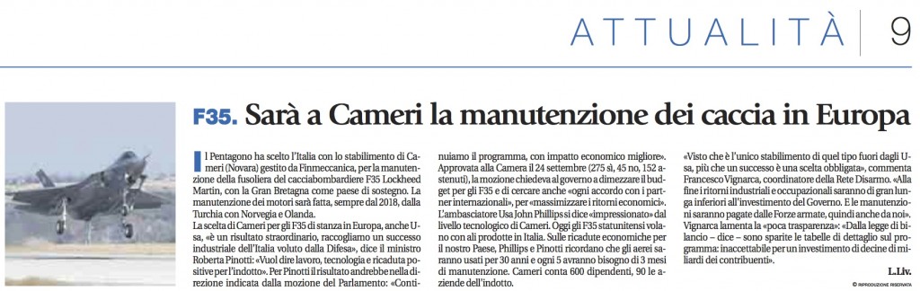 Sarà a Cameri la manutenzione dei caccia in Europa - Francesco Vignarca ...